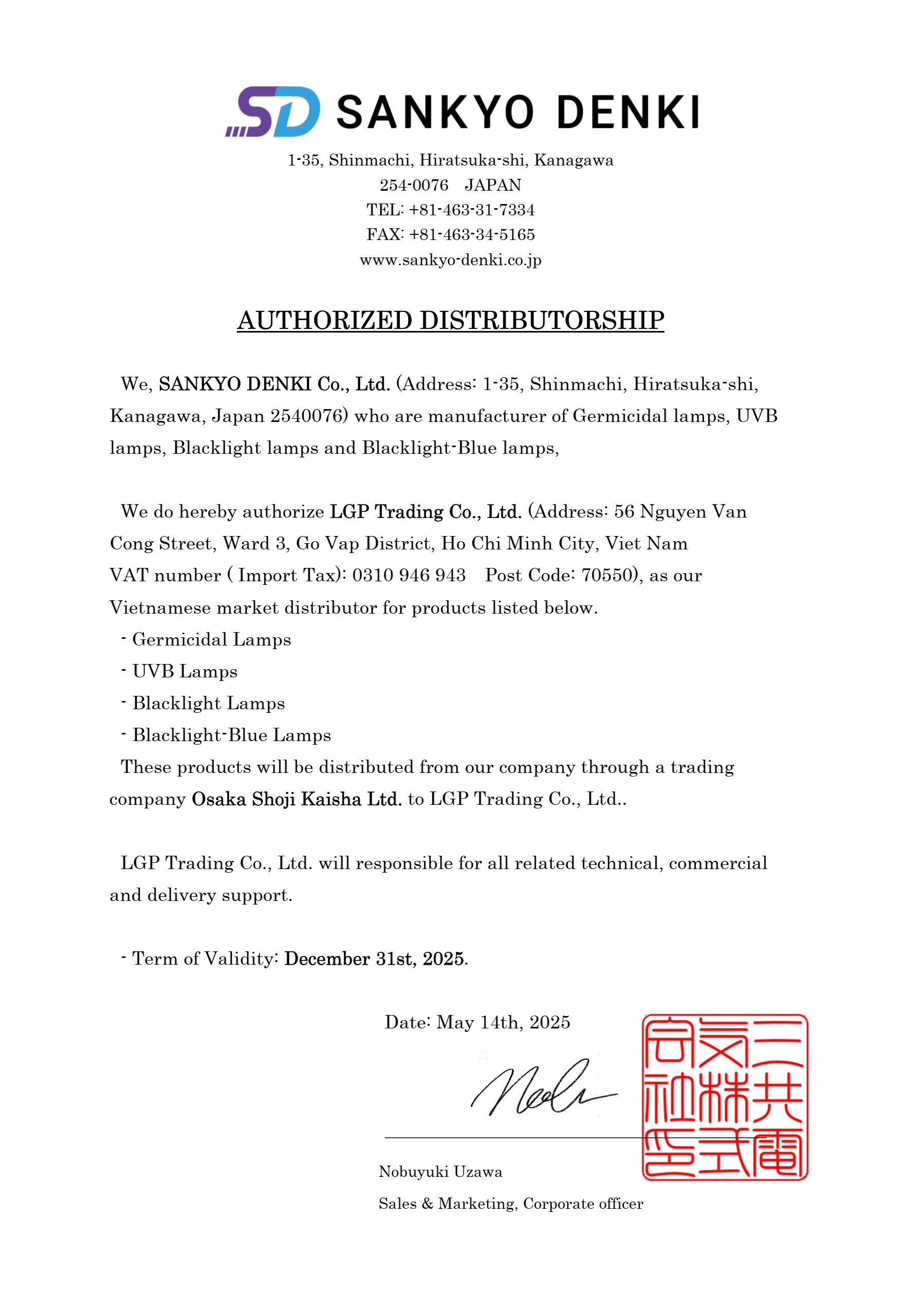 CHỨNG NHẬN ĐẠI LÝ SANKYO DENKI 2025 - LGP Trading Co.Ltd